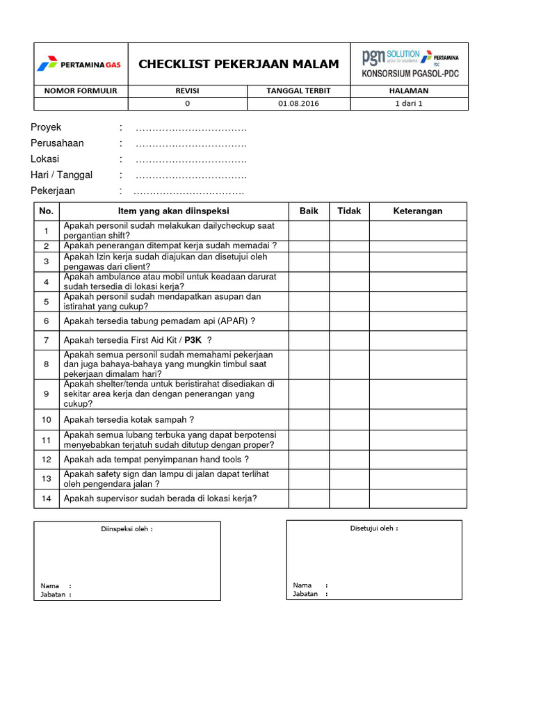 Form Checklist Kerja Malam | PDF