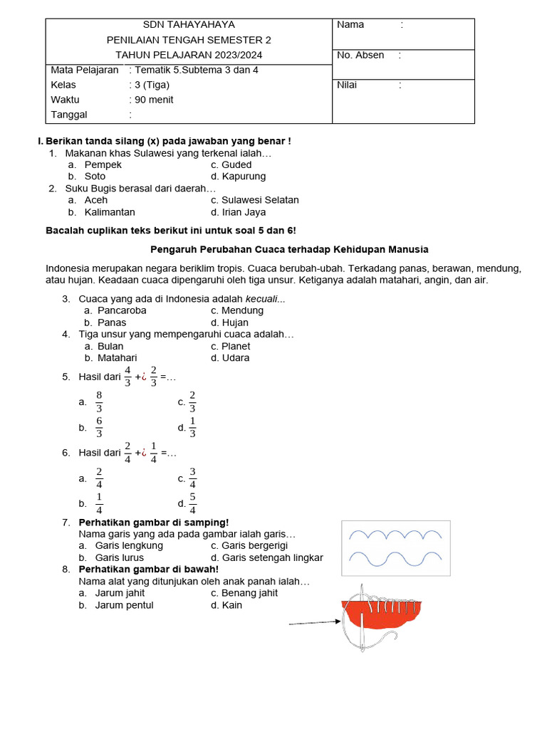 SOAL PTS KELAS 3 Hari Ke 2 (Tema 5 Sub 3 4) | PDF