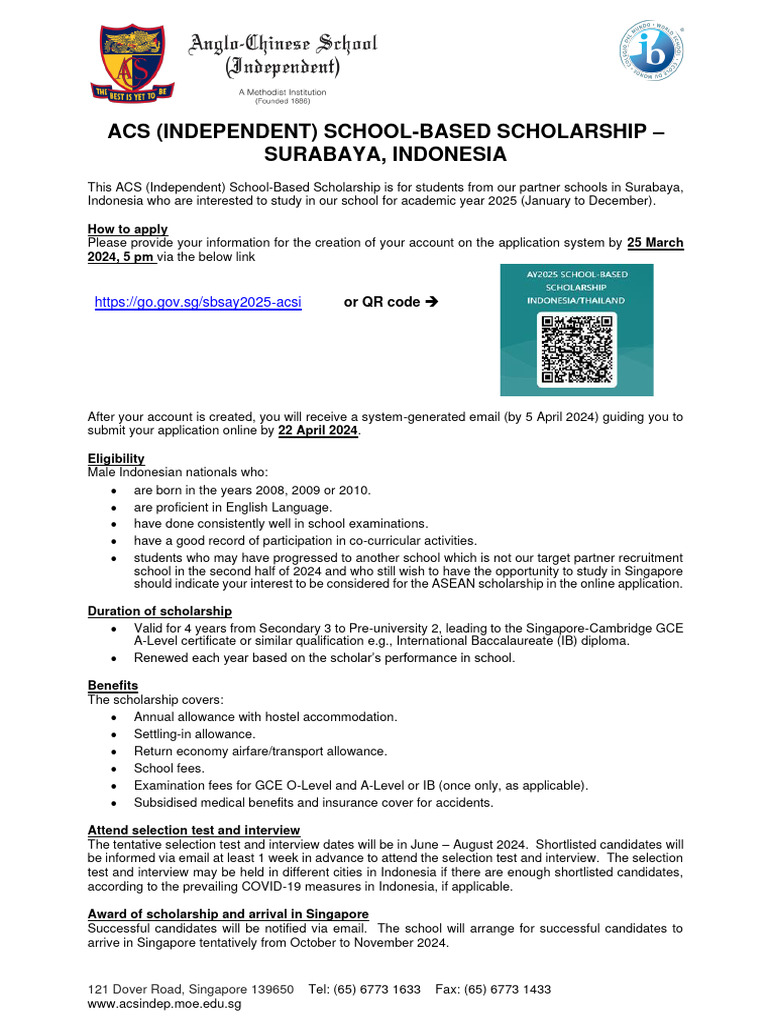 Info On ACS (I) AY2025 SB Scholarships For Surabaya, Indonesia | PDF | Student Assessment And ...