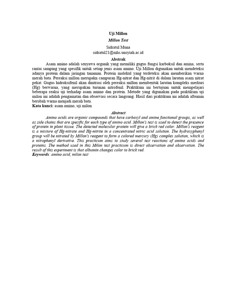 Laporan Praktikum BIOKIMIA Uji Milllon | PDF Laporan Praktikum BIOKIMIA Uji Milllon | PDF
