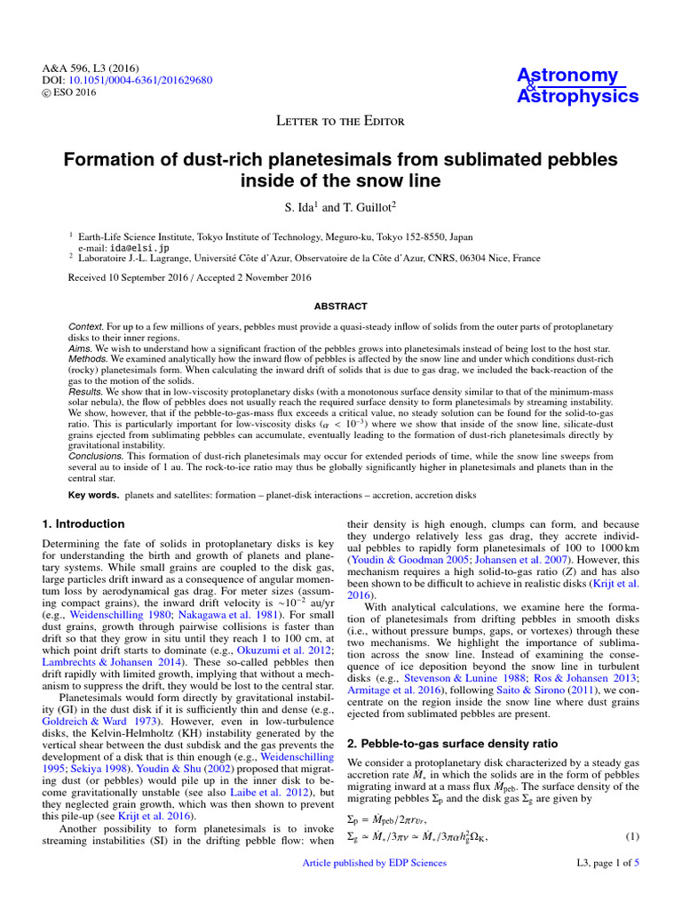 2016 Ida – Formation of dust-rich planetesimals from sublimated pebbles ...
