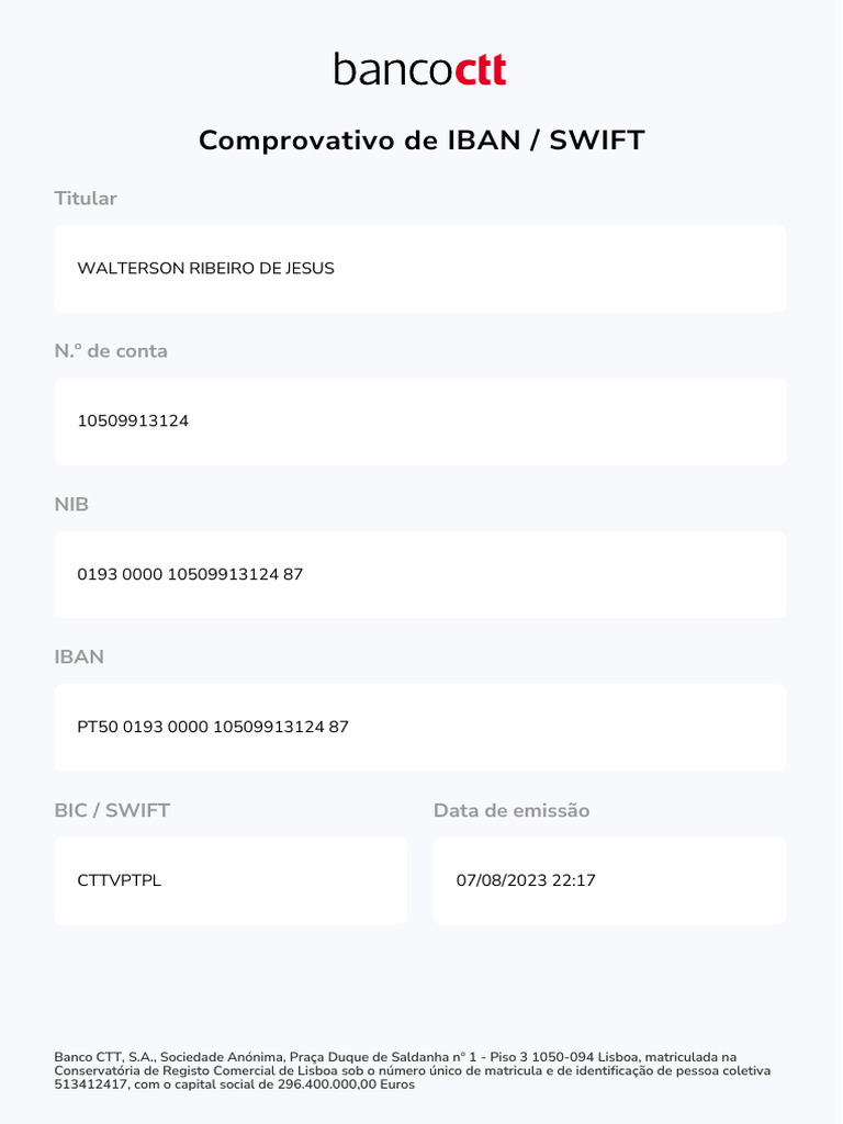 Banco CTT - Comprovativo IBAN | PDF