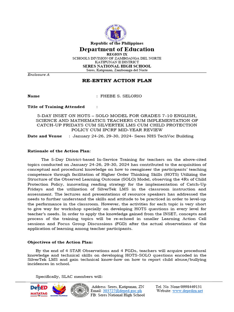 Re-Entry Plan INSET | PDF | Learning | Teachers