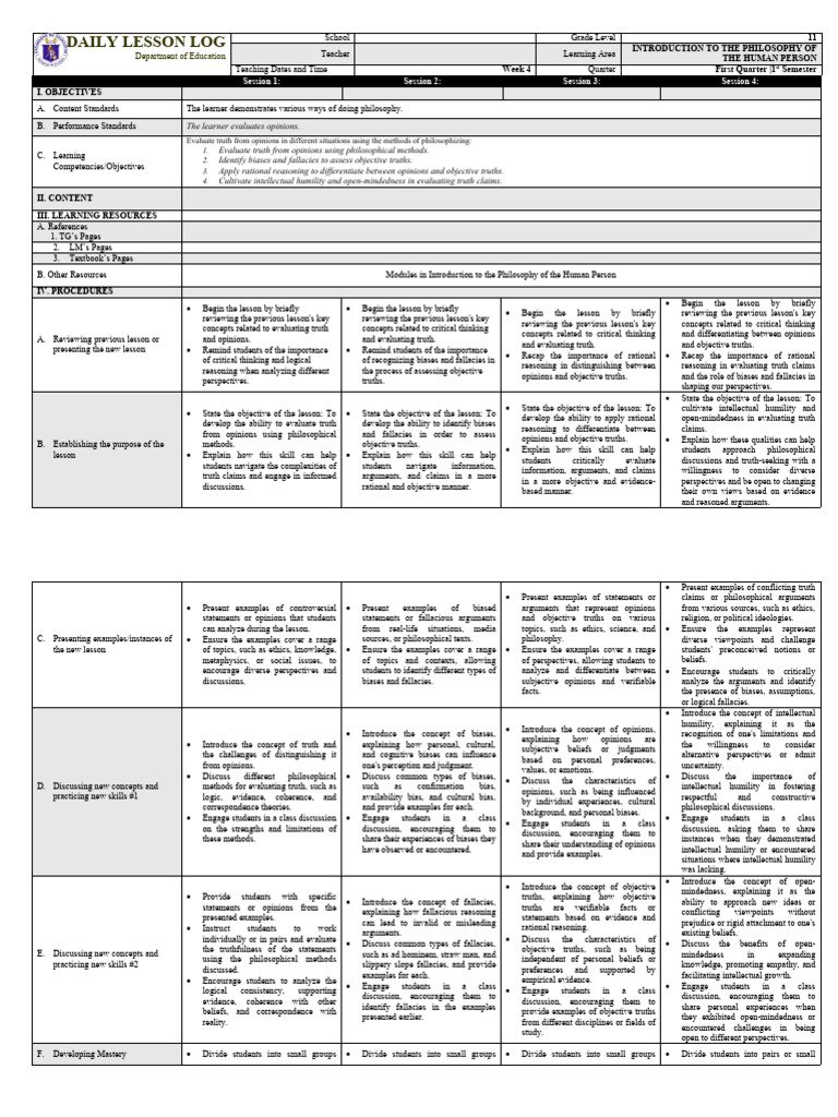 DLL Philosophy QUARTER 1 WEEK 4 | PDF | Fallacy | Reason