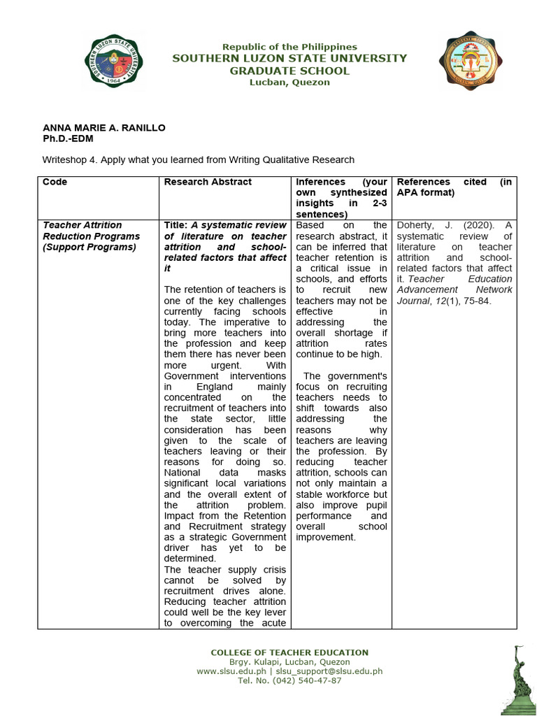 Ranillo - Writeshop On Qualitative Research | PDF | Teachers | Student ...