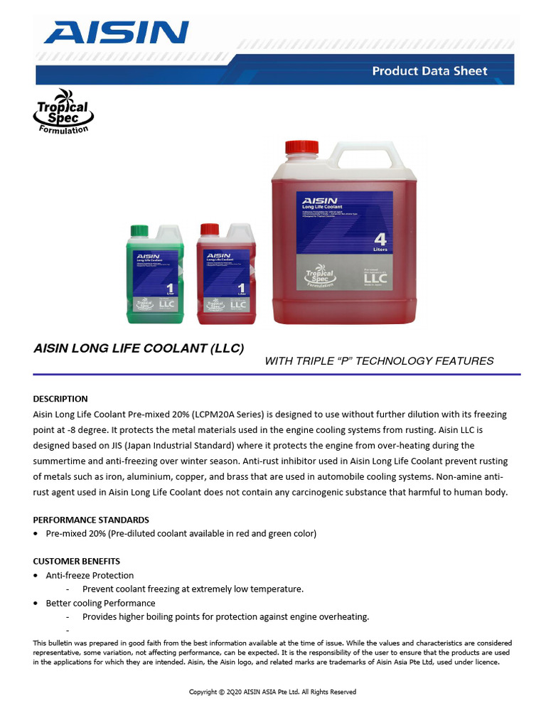 Aisin Long Life Coolant Premixed 20 PDS | PDF | Materials | Chemical ...