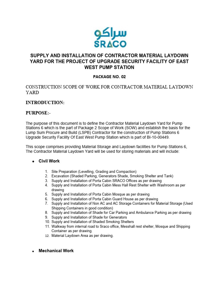 Construction Scope of Work Contractor Material Laydown Yard Ps 6 | PDF ...
