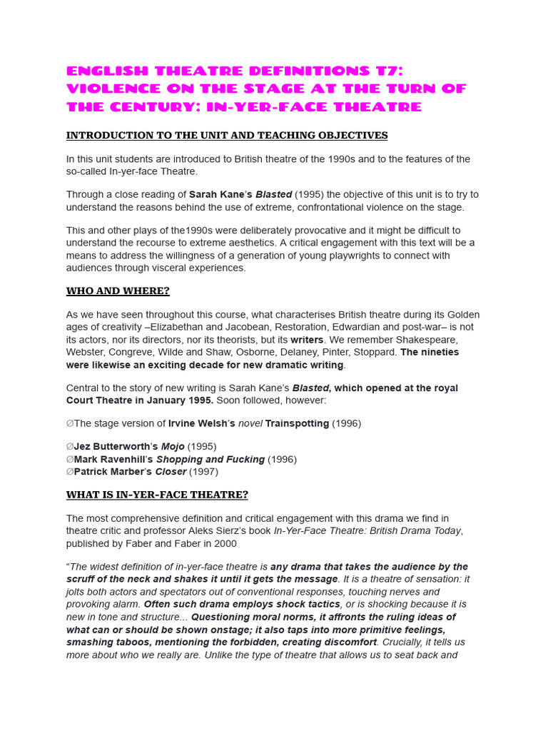 English Theatre Definitions T7 - Violence On The Stage at The Turn of The Century - In-Yer-Face ...