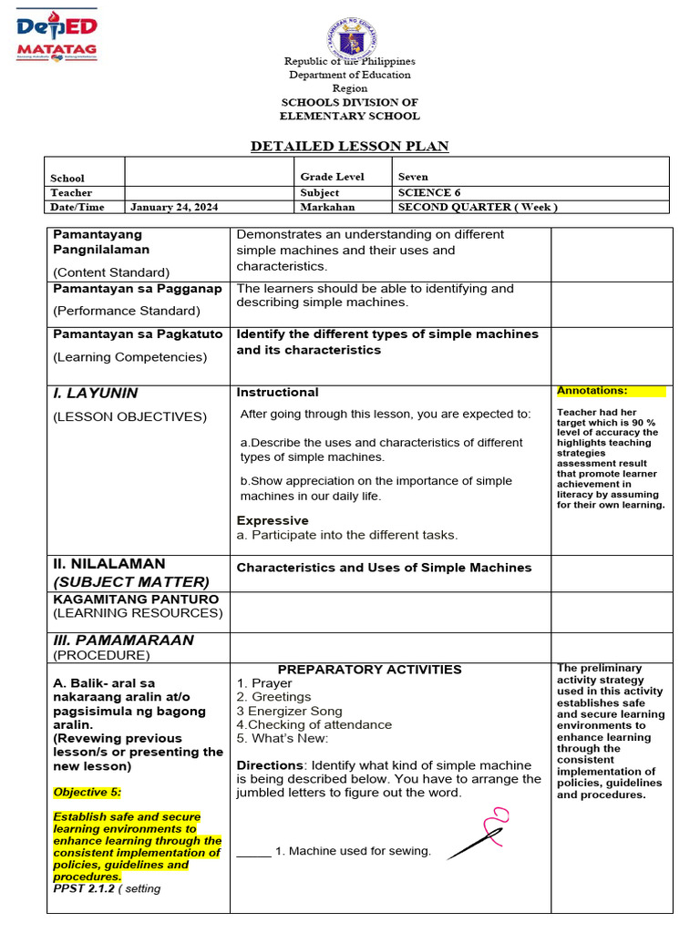 Cot Grade 6 Q3 Science Simple Machines | PDF | Machines | Learning