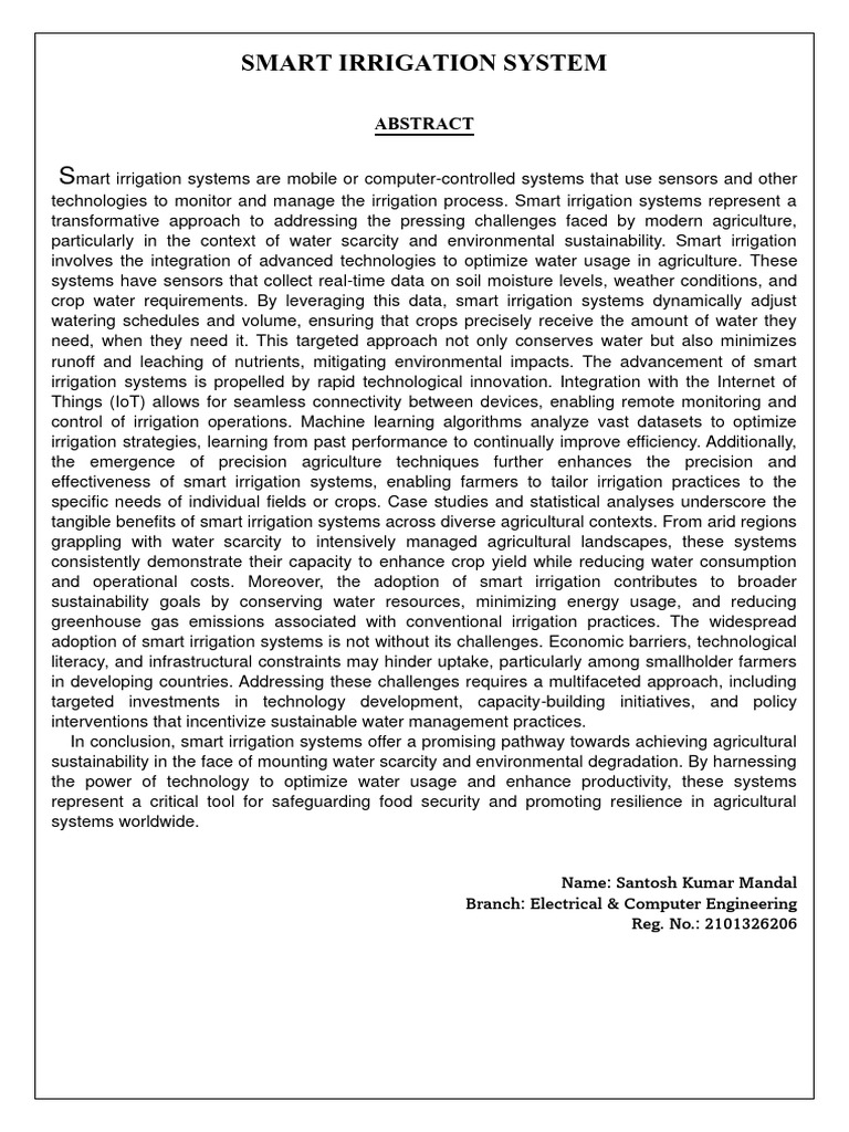 Abstract Smart Irrigation System | PDF | Agriculture | Irrigation