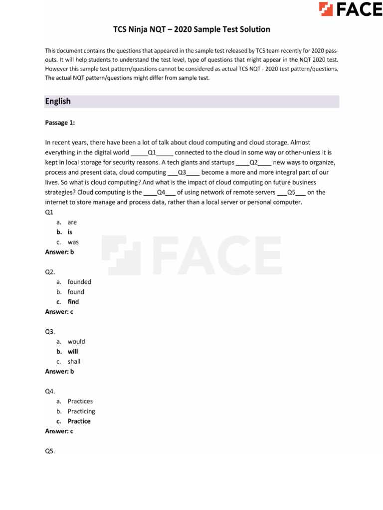 TCS Ninja NQT - 2020 Sample Test Solution | PDF