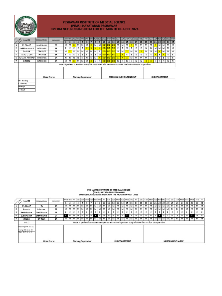 ER Nursing Schedule April 2024 | PDF | Health Care | Social Programs