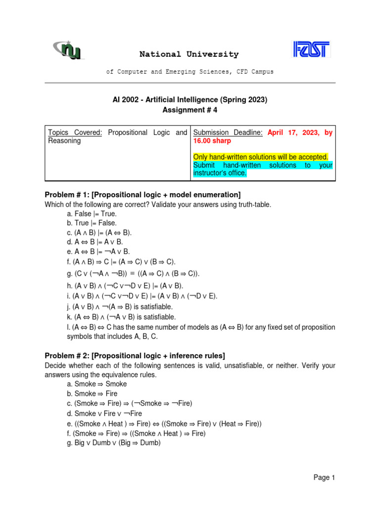 AI - Assignment 4 - Spring2023 | PDF | Logic | Metalogic