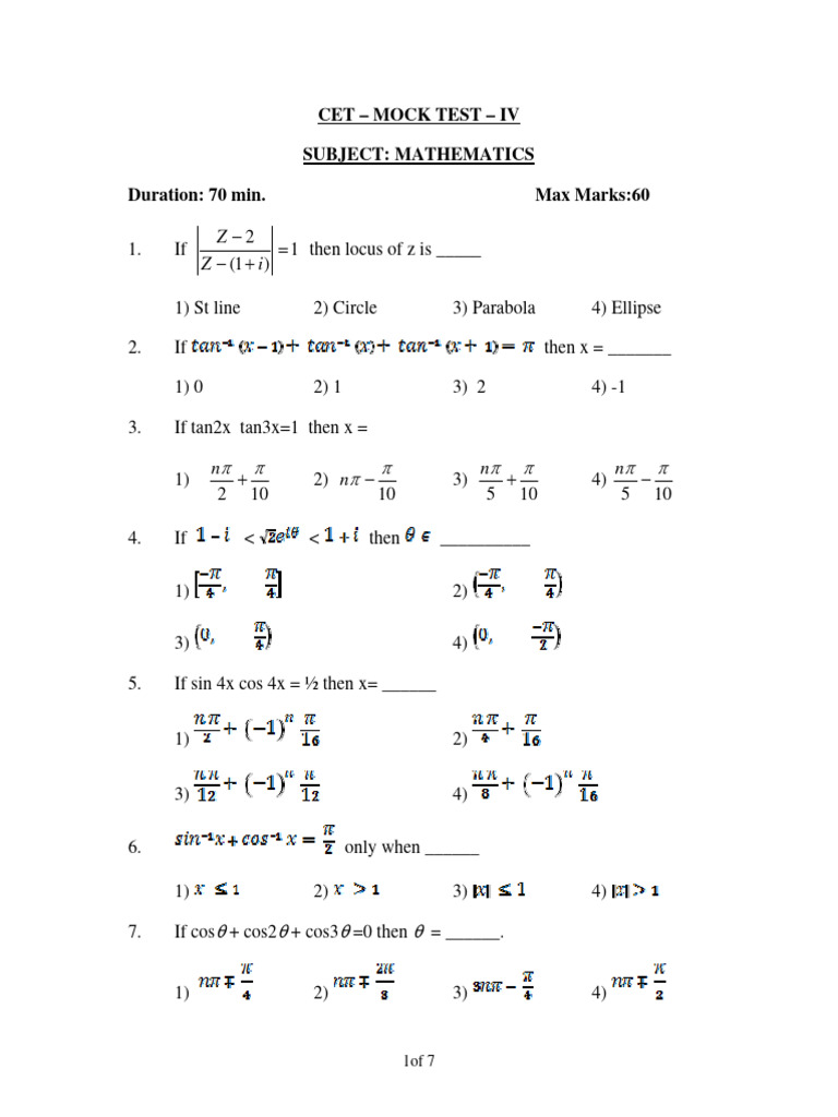 CET Mathematics Mock Test | PDF | Algebraic Geometry | Classical Geometry