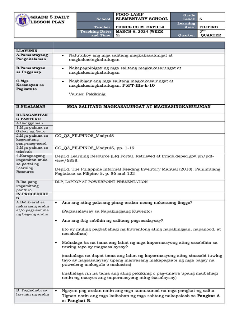 Grade 5 Daily Lesson Plan: Pogo-Lasip Elementary School | PDF
