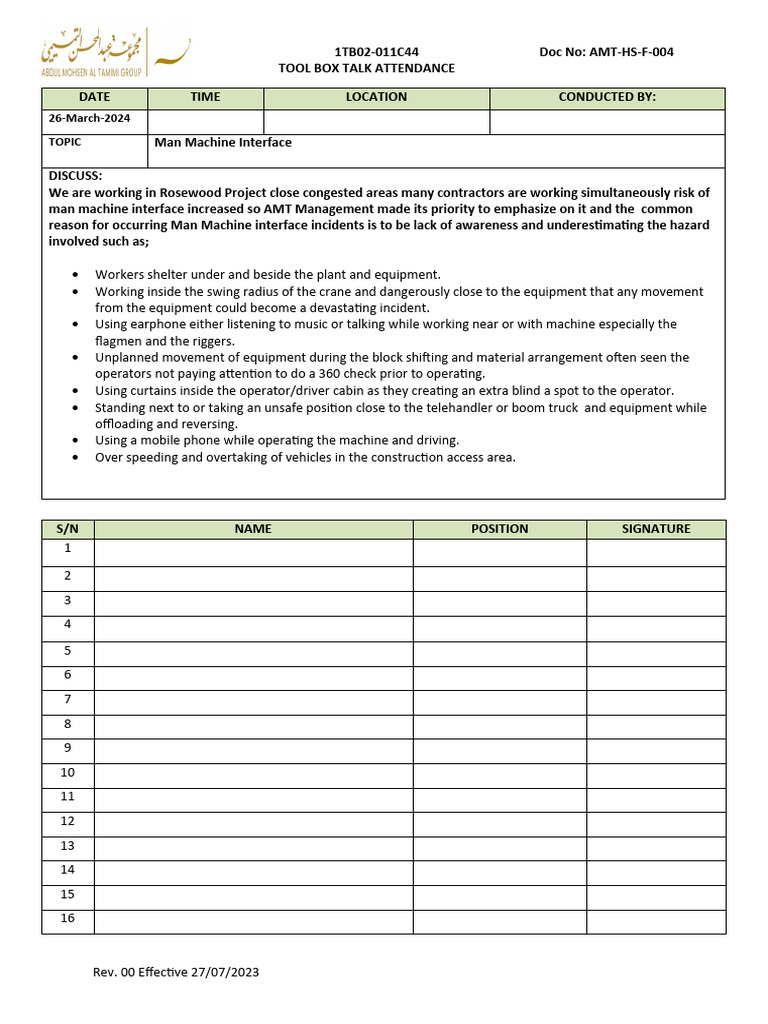 Amt-Hs-F-004 - Tool Box Talk Attendance Sheet (TBT) | PDF