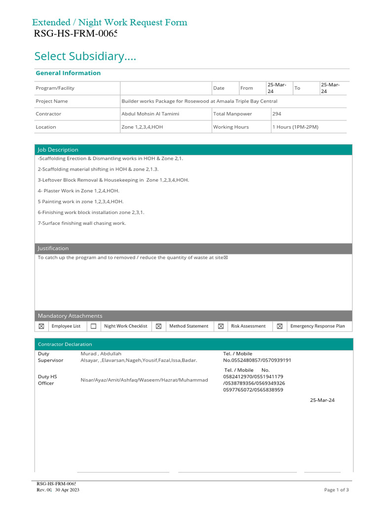 RSG-HS-FRM-0065 - Extended or Night Work Request Form | PDF