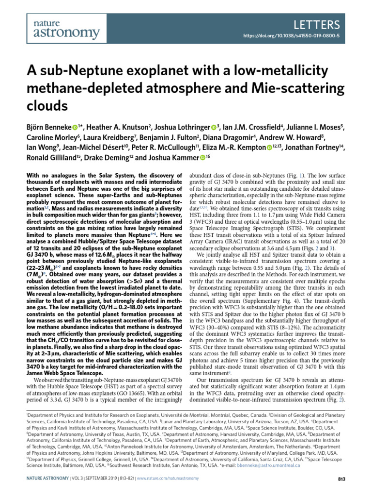 2019 Benneke - Sub-Neptune Exoplanet With Low-Metallicity Methane ...