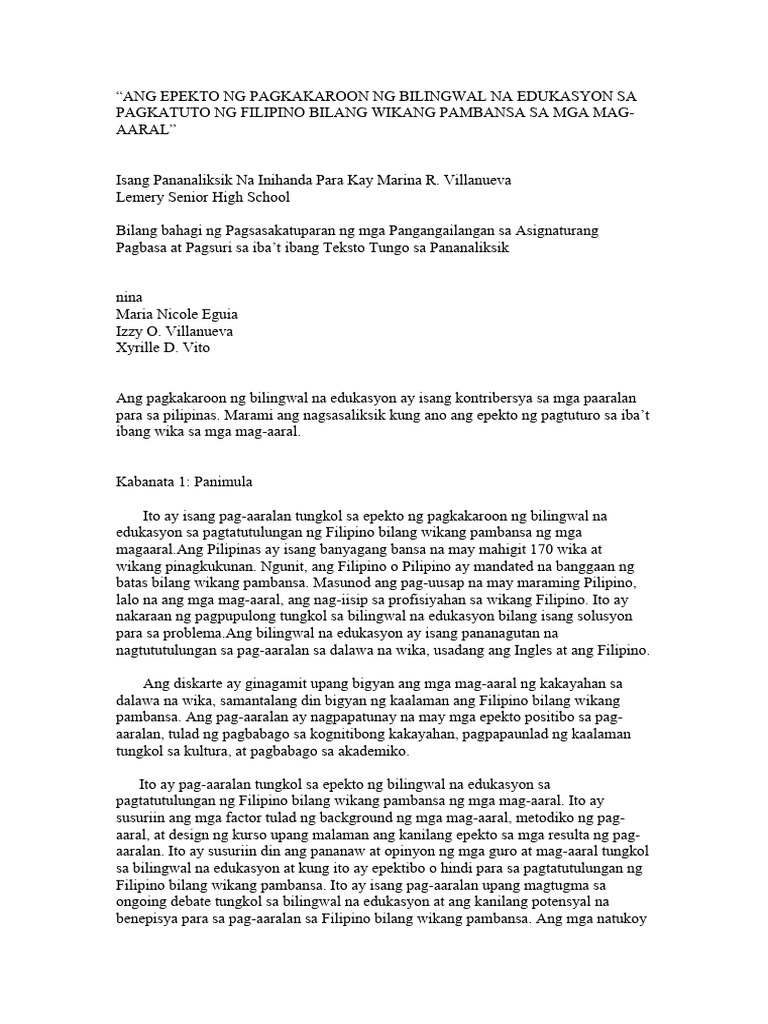 Ang Epekto NG Pagkakaroon NG Bilingwal Na Edukasy | PDF