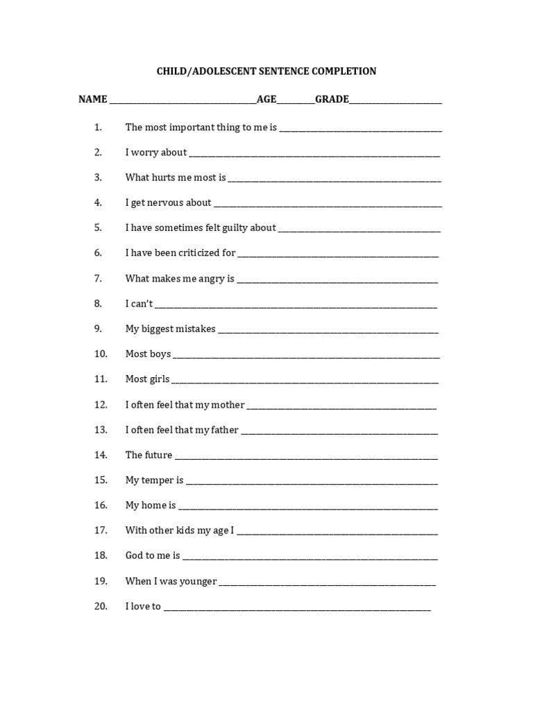 Adolescent Sentence Completion Prompts | PDF