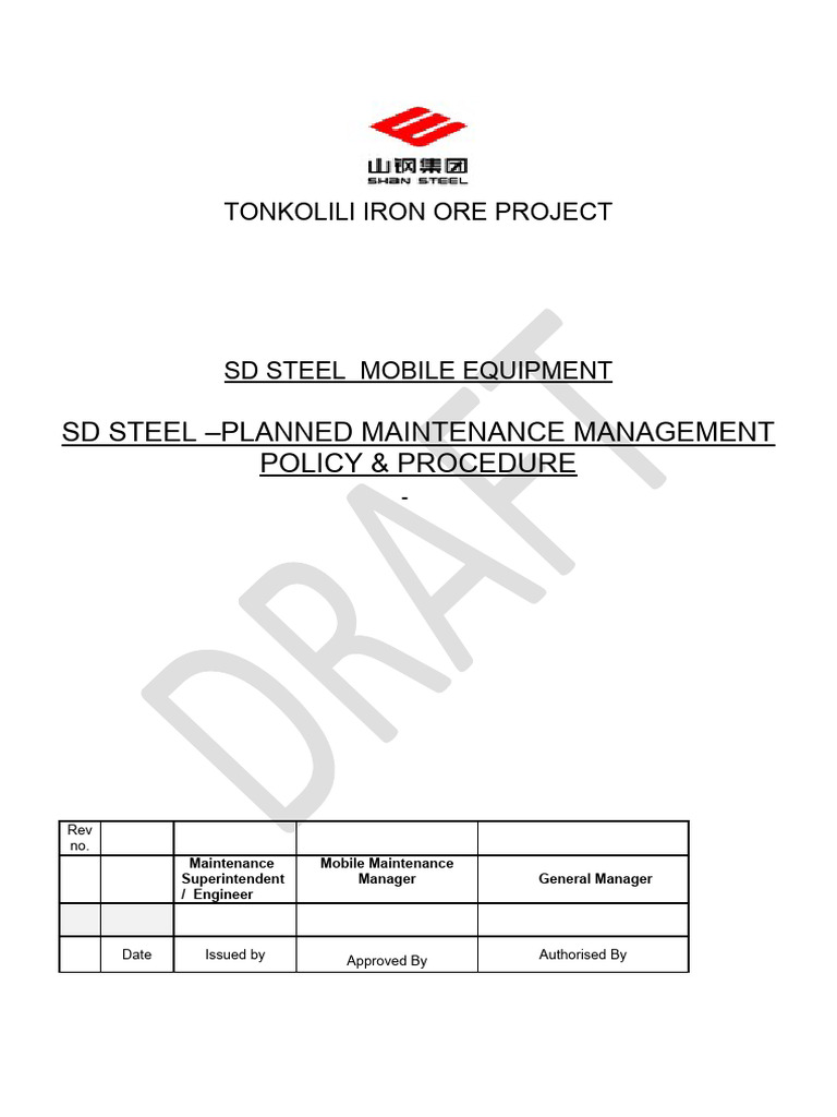 SD STEEL Planned Maintenance Management Policy & Procedure | PDF