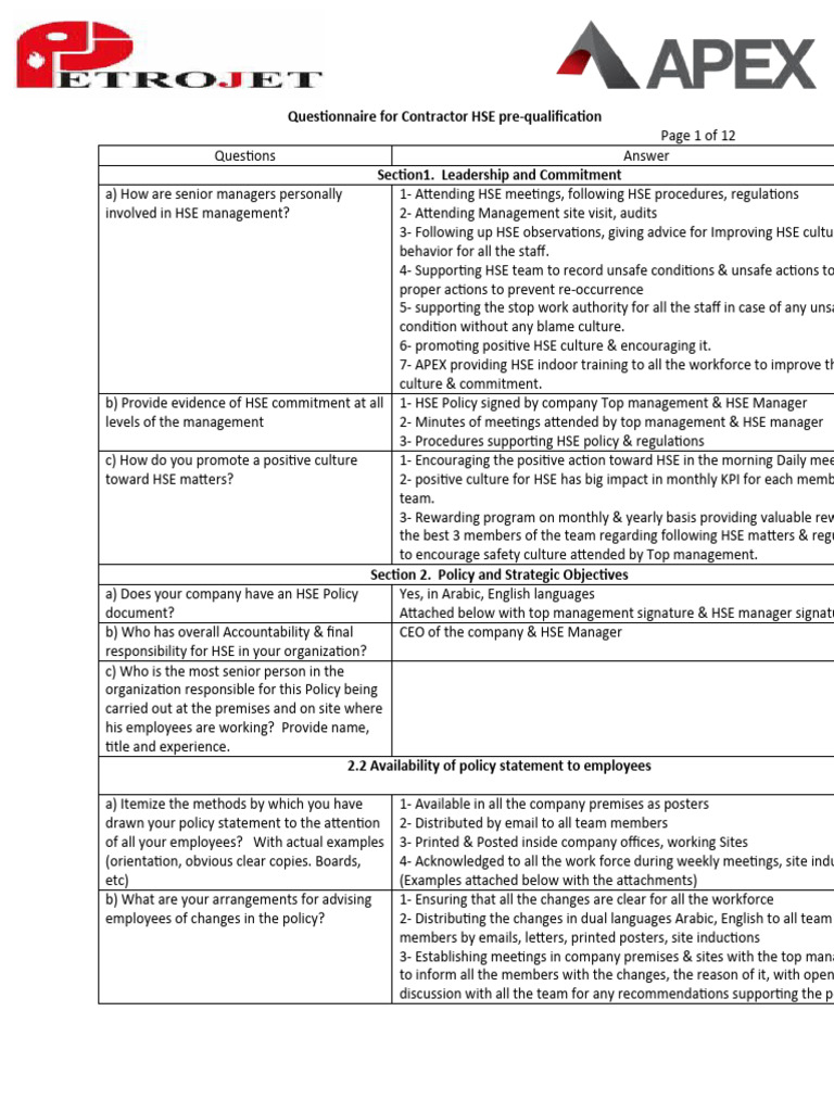 Petrojet - APEX Questionnaire For Contractor HSE Pre-Qualification | PDF | Personal Protective ...
