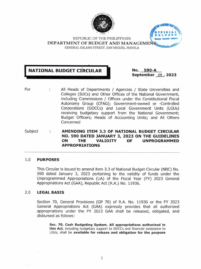 NATIONAL BUDGET CIRCULAR NO 590 A DATED SEPTEMBER 29 2023 Amending Item ...