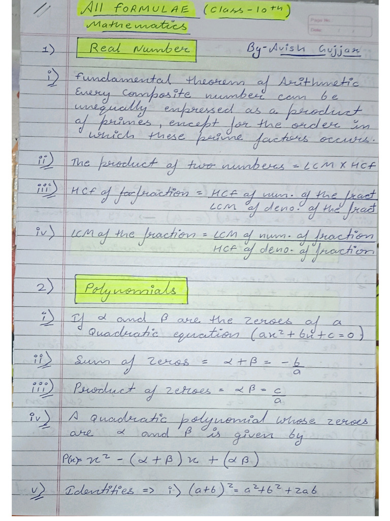 All Formulas Mathematics (Class - X) | PDF