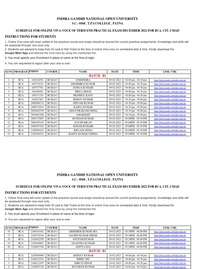 Schedule Tepe1222 - Bca Cit Cmad - Viva Voce - PDF | PDF