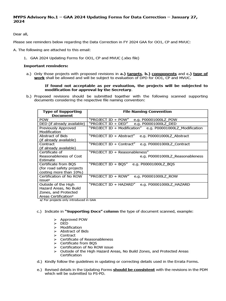 MYPS Advisory No - 1 - 2024 - GAA - Updating | PDF | Road | Road Surface