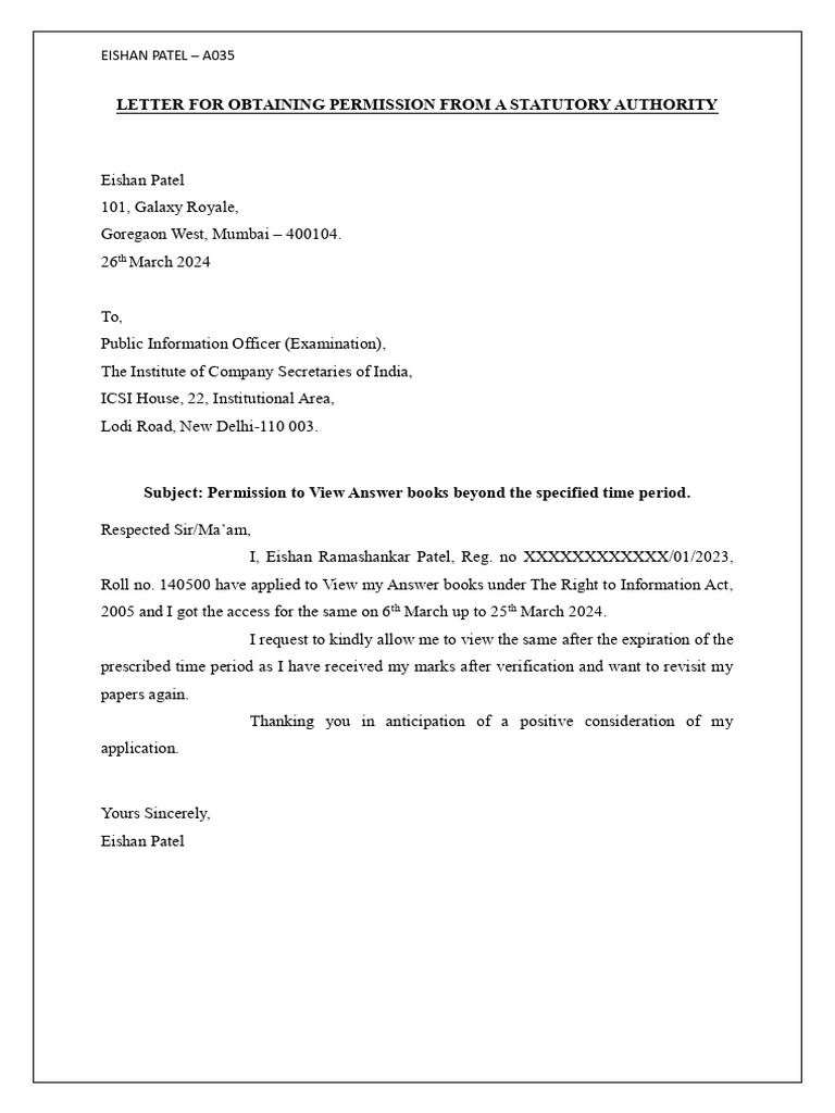 DPC 1 - Letter For Obtaining Permission From A Statutory Authority ...