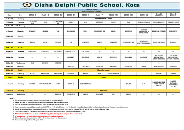 Annual Examination Date Sheet For The Session 2023-24 | PDF