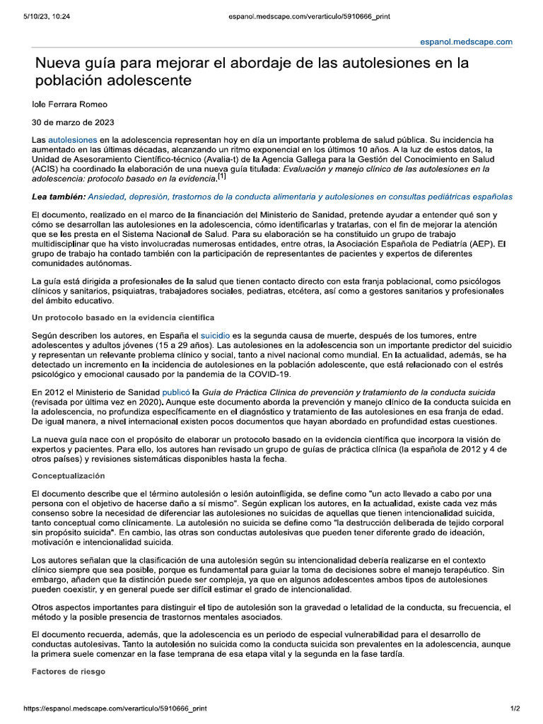Autolesiones, Guia de Abordaje en Adolesc | PDF