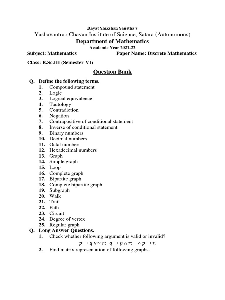Discrete Mathematics Question Bank | PDF | Function (Mathematics ...