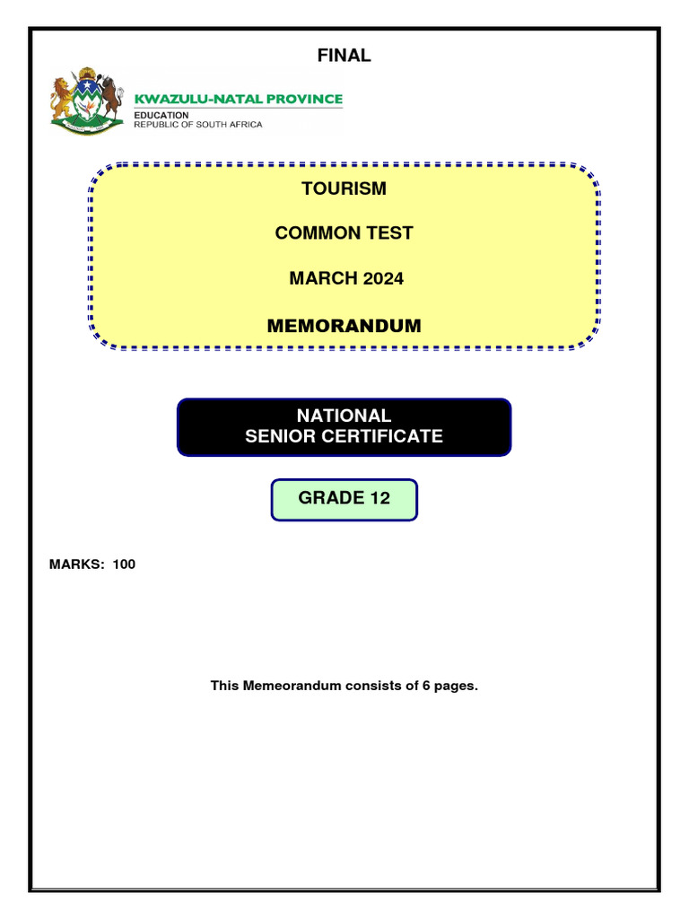 Tourism Grade 12 March 2024 - Memo - Final | PDF | Tourism | Daylight Saving Time
