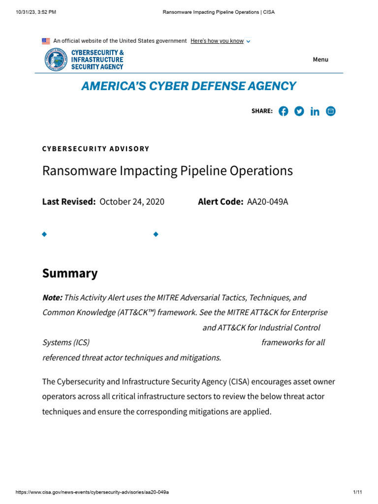 Ransomware Impacting Pipeline Operations - CISA | PDF | Security | Computer Security