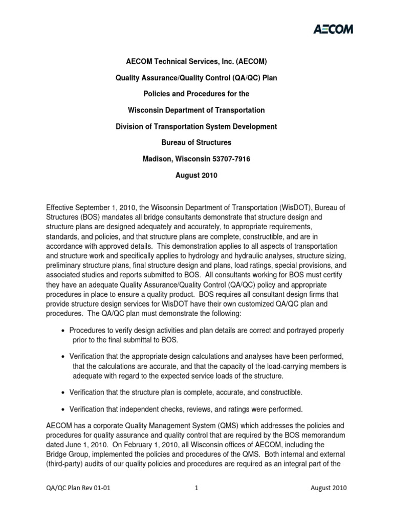AECOM QA-QC Plan August 2010 | PDF | Specification (Technical Standard ...