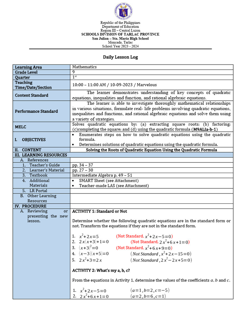 COT DLL 1st Quarter | PDF | Quadratic Equation | Elementary Mathematics