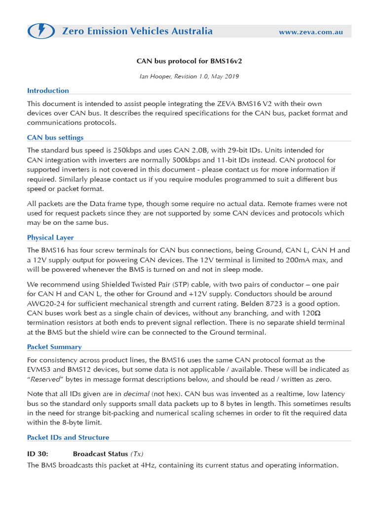 ZEVA BMS16 V2 CAN Protocol Guide | PDF | Bit | Telecommunications