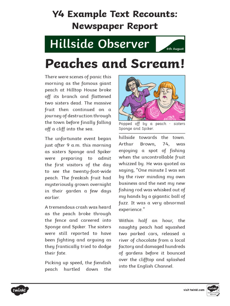 Example Text Y4 Recounts Newspaper Report A3 | PDF | Verb | Preposition ...