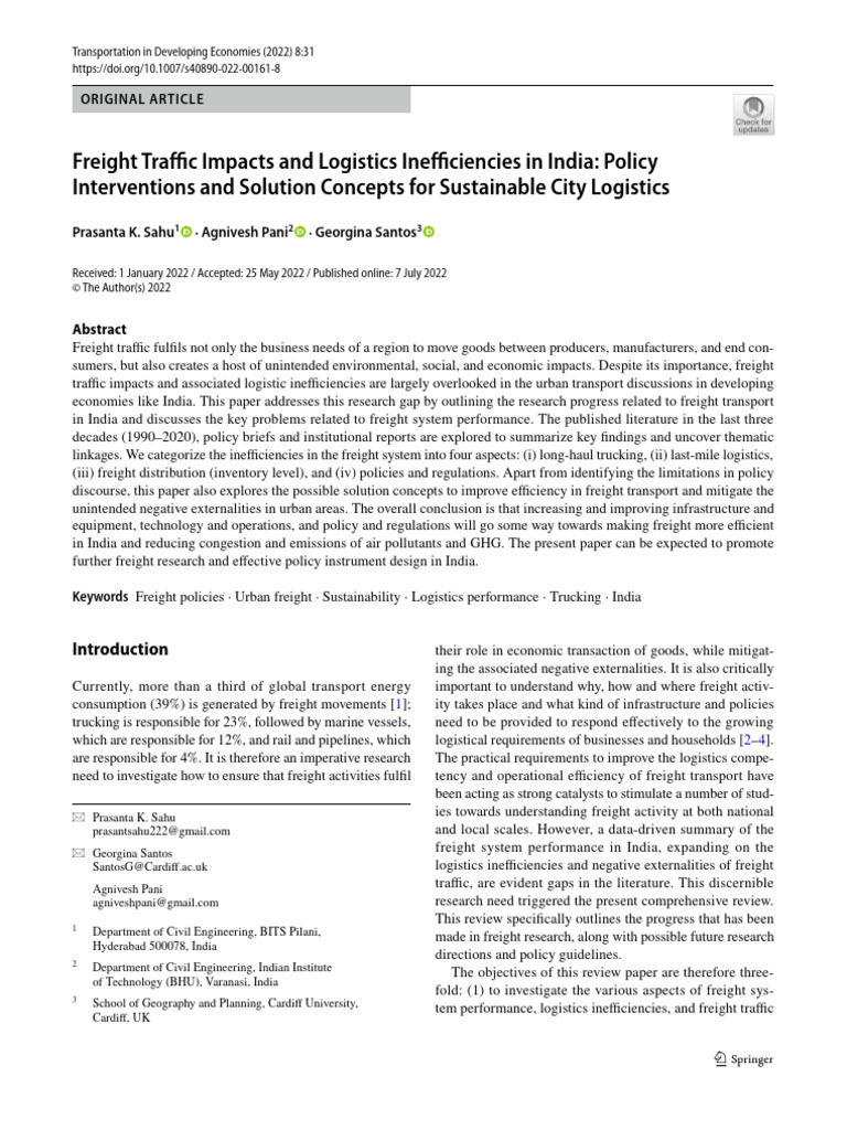 Freight Traffic Impacts and Logistics Inefficiencies in India: Policy ...