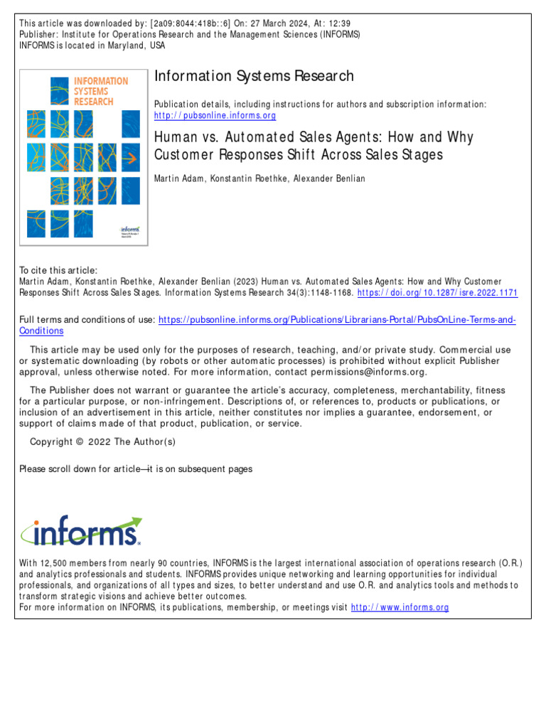 Adam Et Al 2022 Human Vs Automated Sales Agents How and Why Customer ...