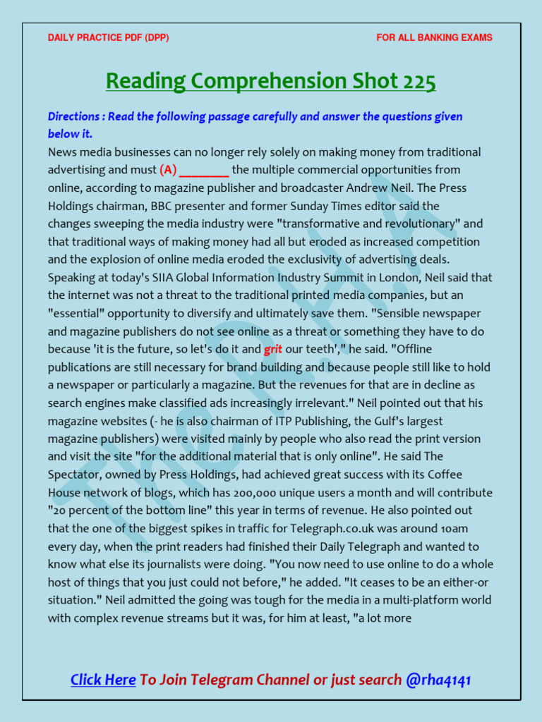 Reading Comprehension Shot 225 | PDF | Newspapers | Publishing