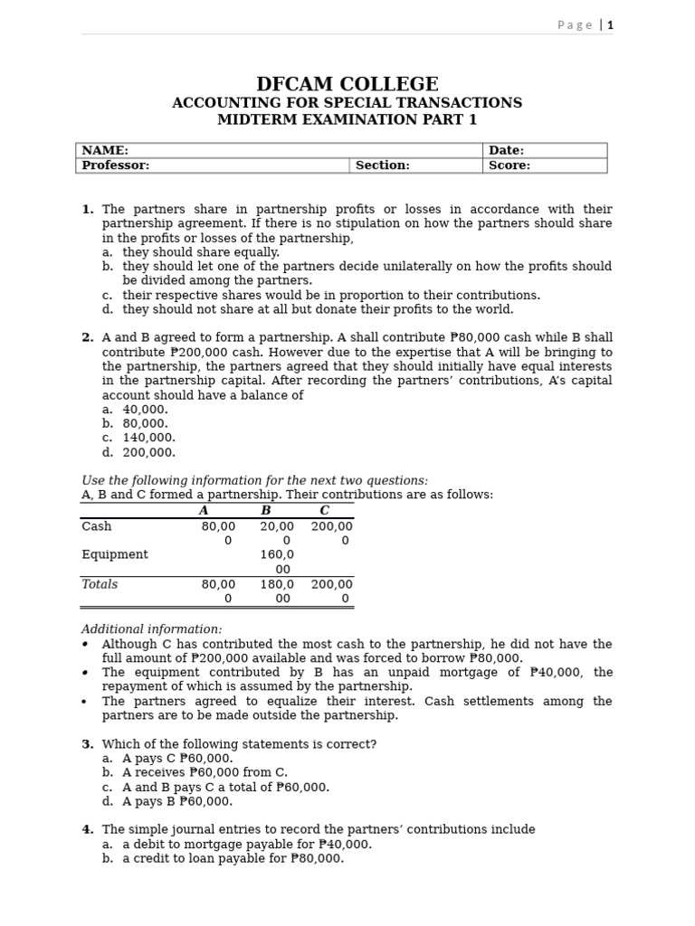 Midterm Exam Part1 Dfcm Act Spcl Trans 2020 Edition Feb 2020 Pdf Debits And Credits Equity 