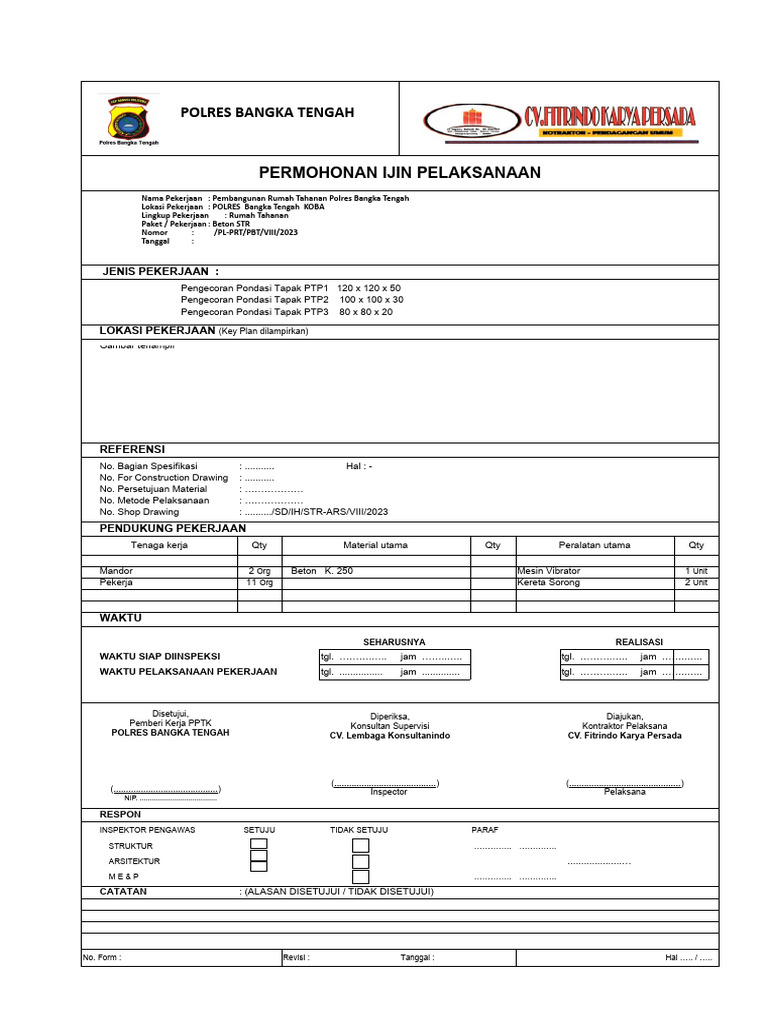 Ijin Pengecoran Pondasi Rumah Tahanan | PDF