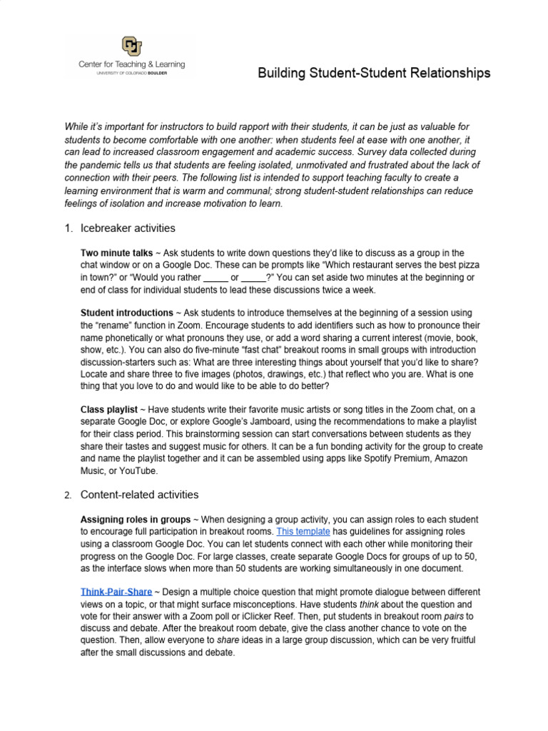 Building Student-Student Relationships - A CTL Guide | PDF | Human ...