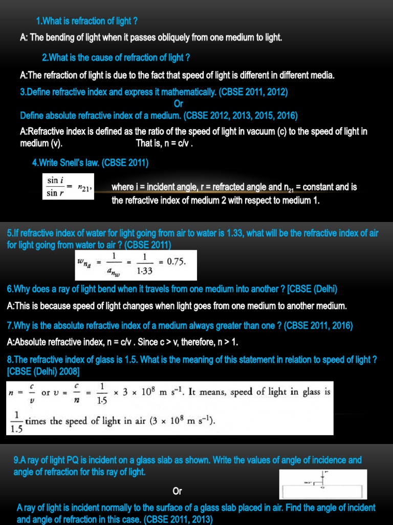 Refraction Important Question Answers | PDF | Optics | Electromagnetic ...