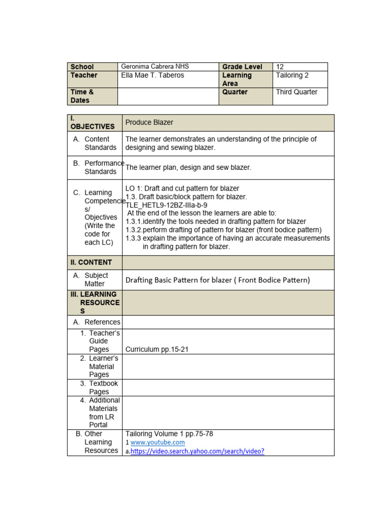 DLP Grade 12 Front Pattern | Download Free PDF | Sewing