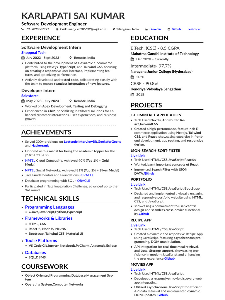 K Sai Kumar Resume PDF | PDF | Databases | Java Script K Sai Kumar Resume PDF | PDF | Databases | Java Script