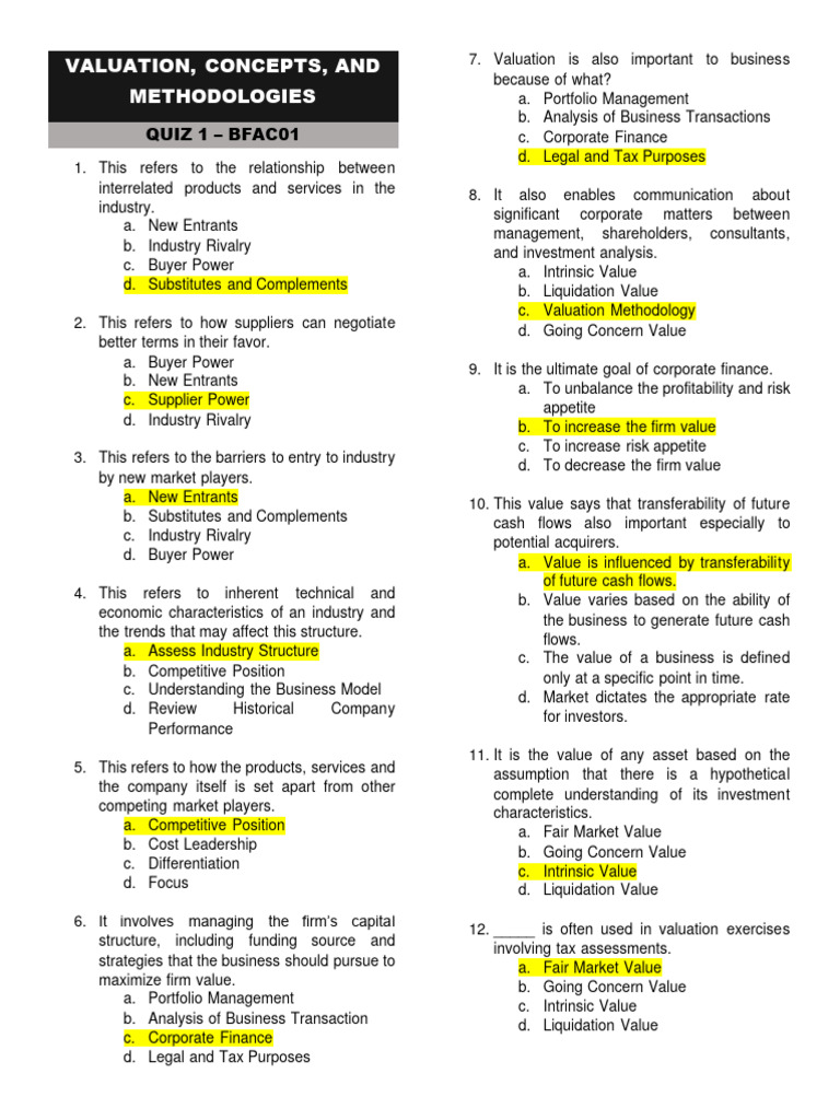 Valucon Quiz 1 and 2 | PDF | Valuation (Finance) | Book Value
